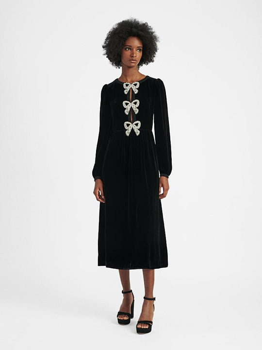 Camille Velvet Embellished Bows Dress in Black – SALONI