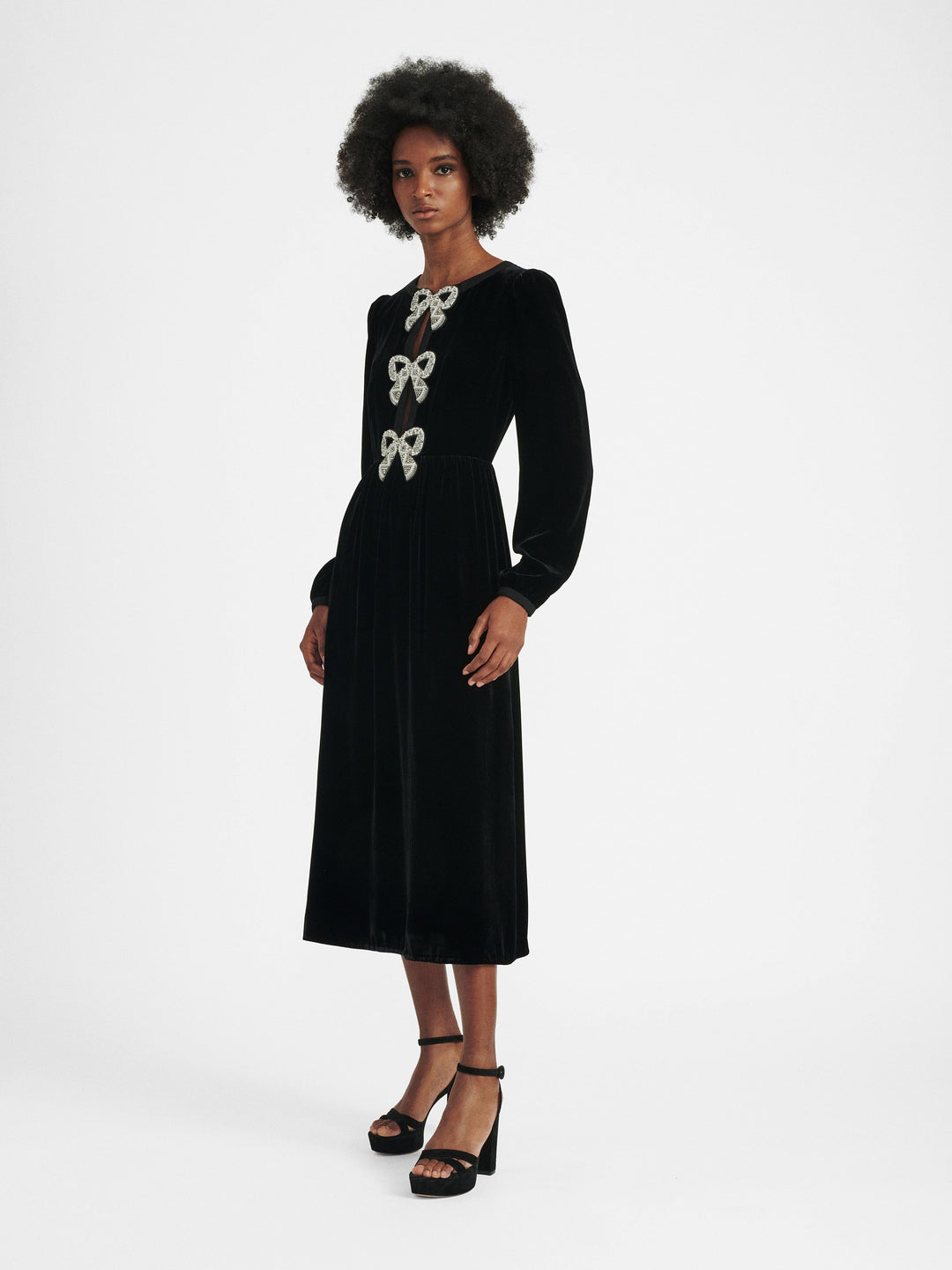 Camille Velvet Embellished Bows Dress in Black – SALONI