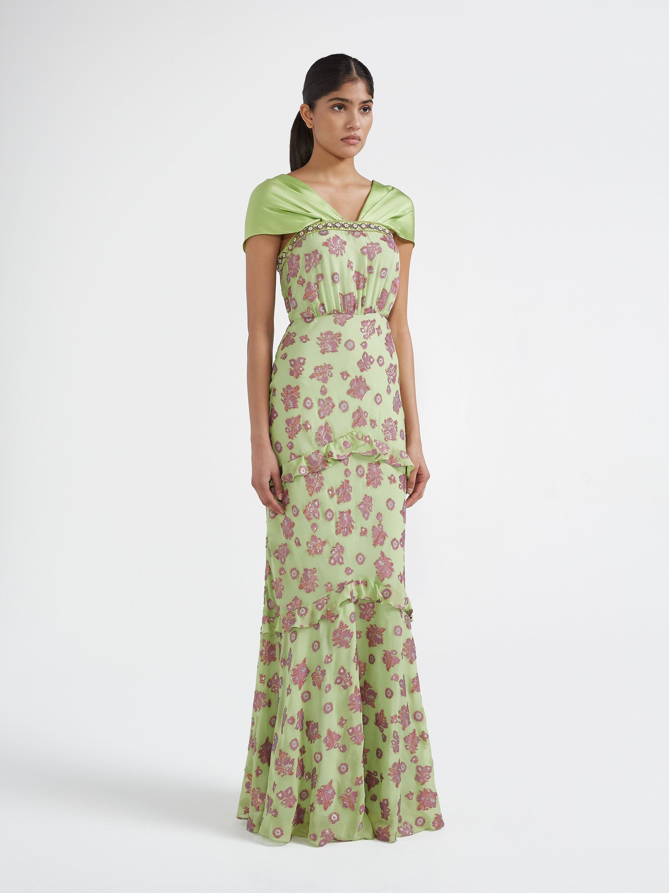 Amrita Dress in Metallic Jade Embroidery – SALONI