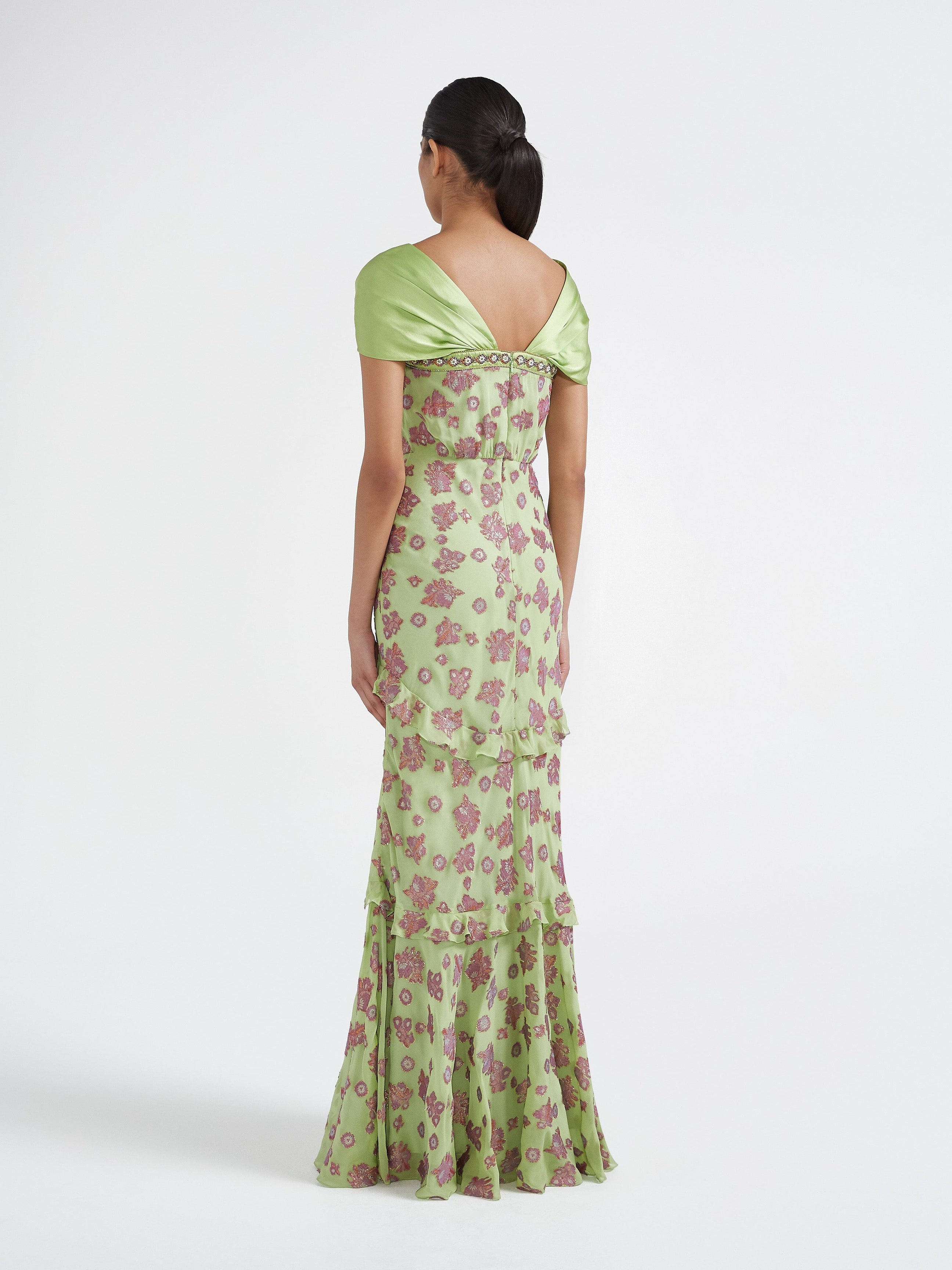 Amrita Dress in Metallic Jade Embroidery – SALONI