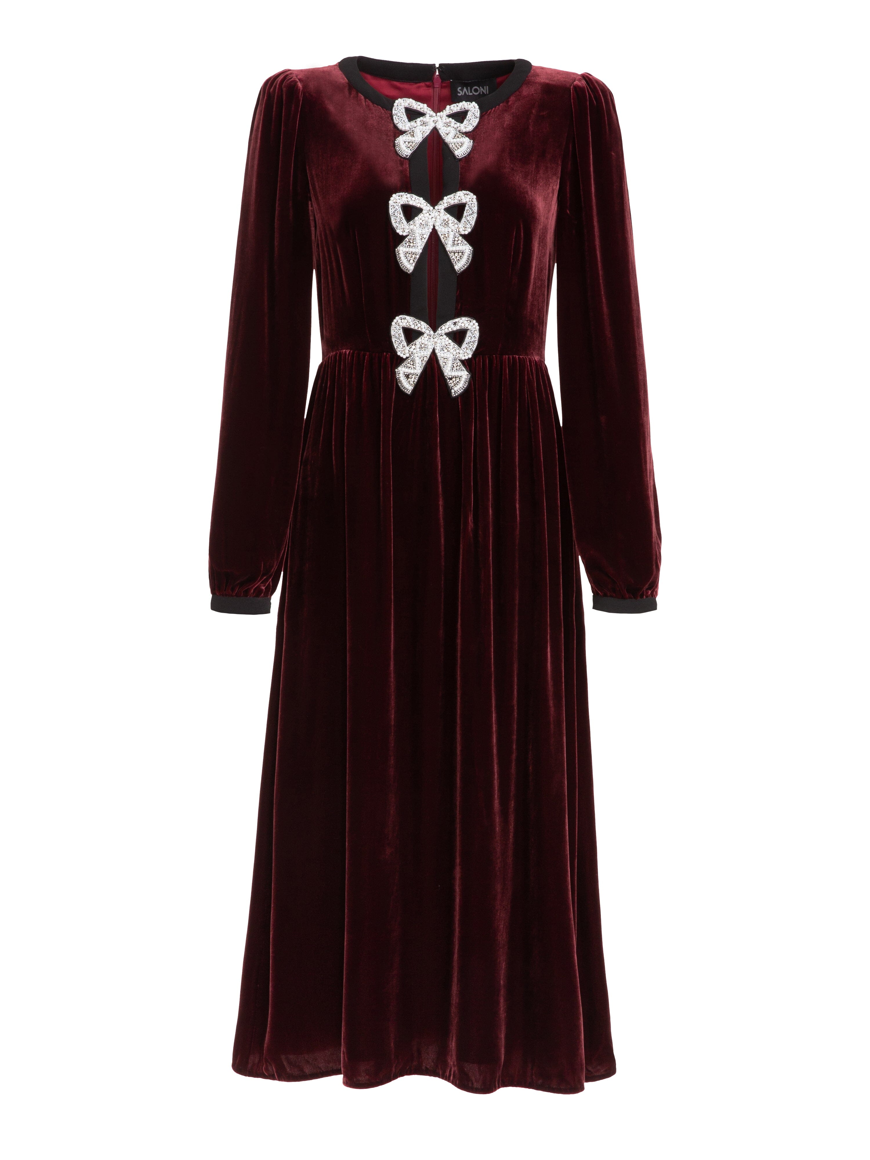 Camille Velvet Embellished Bows Dress in Burgundy – SALONI
