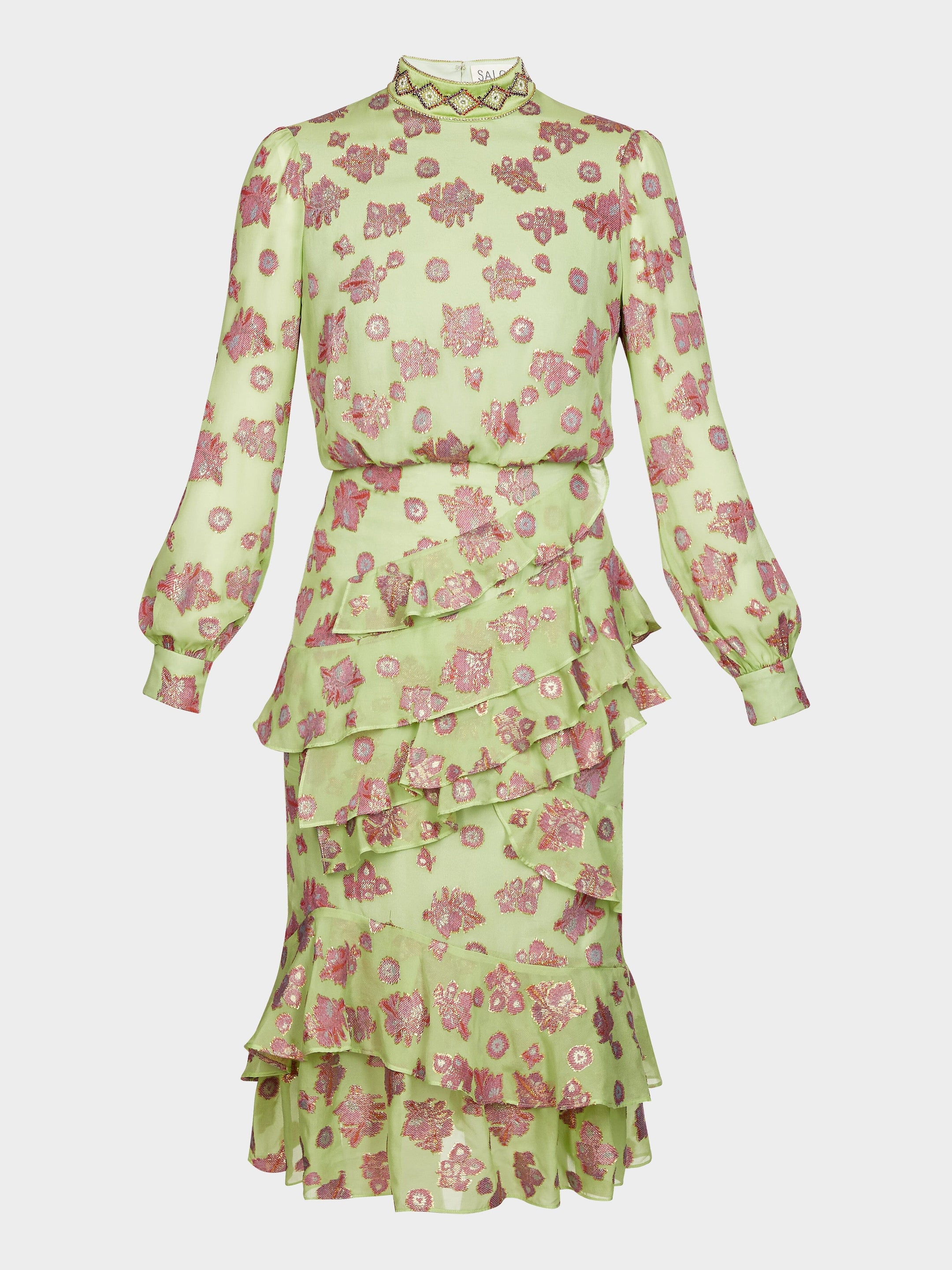 Isa Ruffle Dress in Metallic Jade Embroidery – SALONI