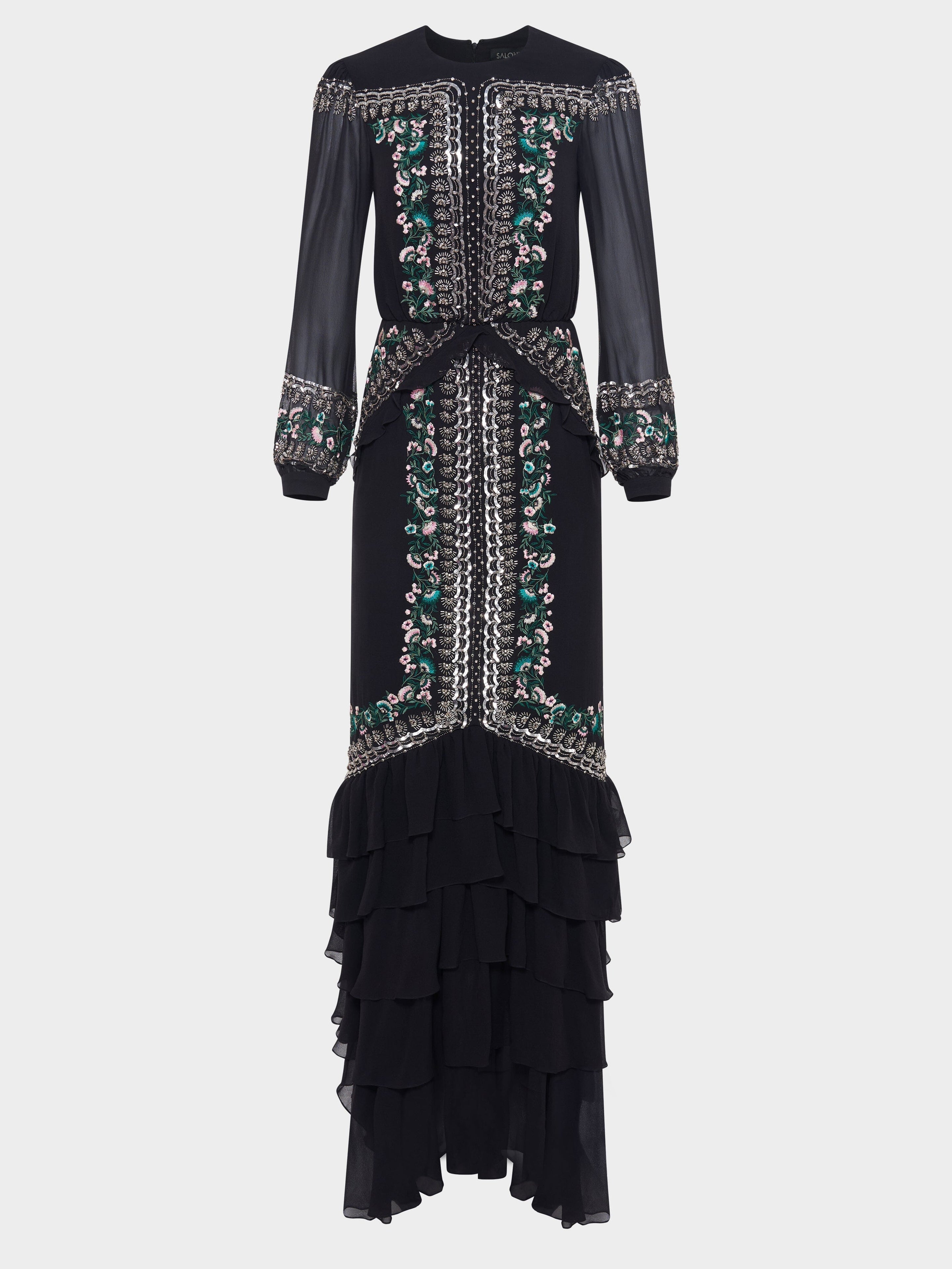 Isa Long C Dress Black Botanic Embroidery – SALONI