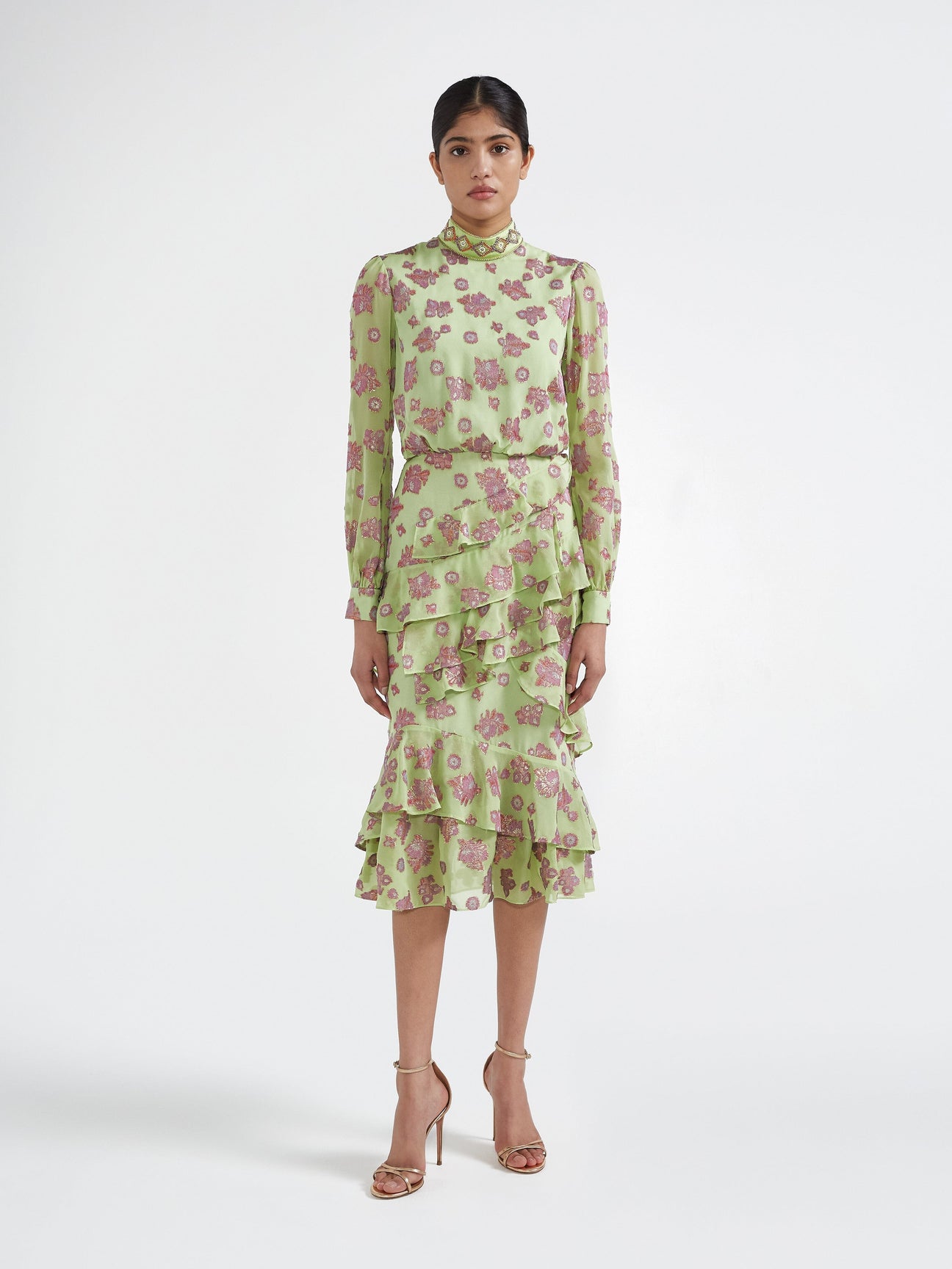 Isa Ruffle Dress in Metallic Jade Embroidery – SALONI