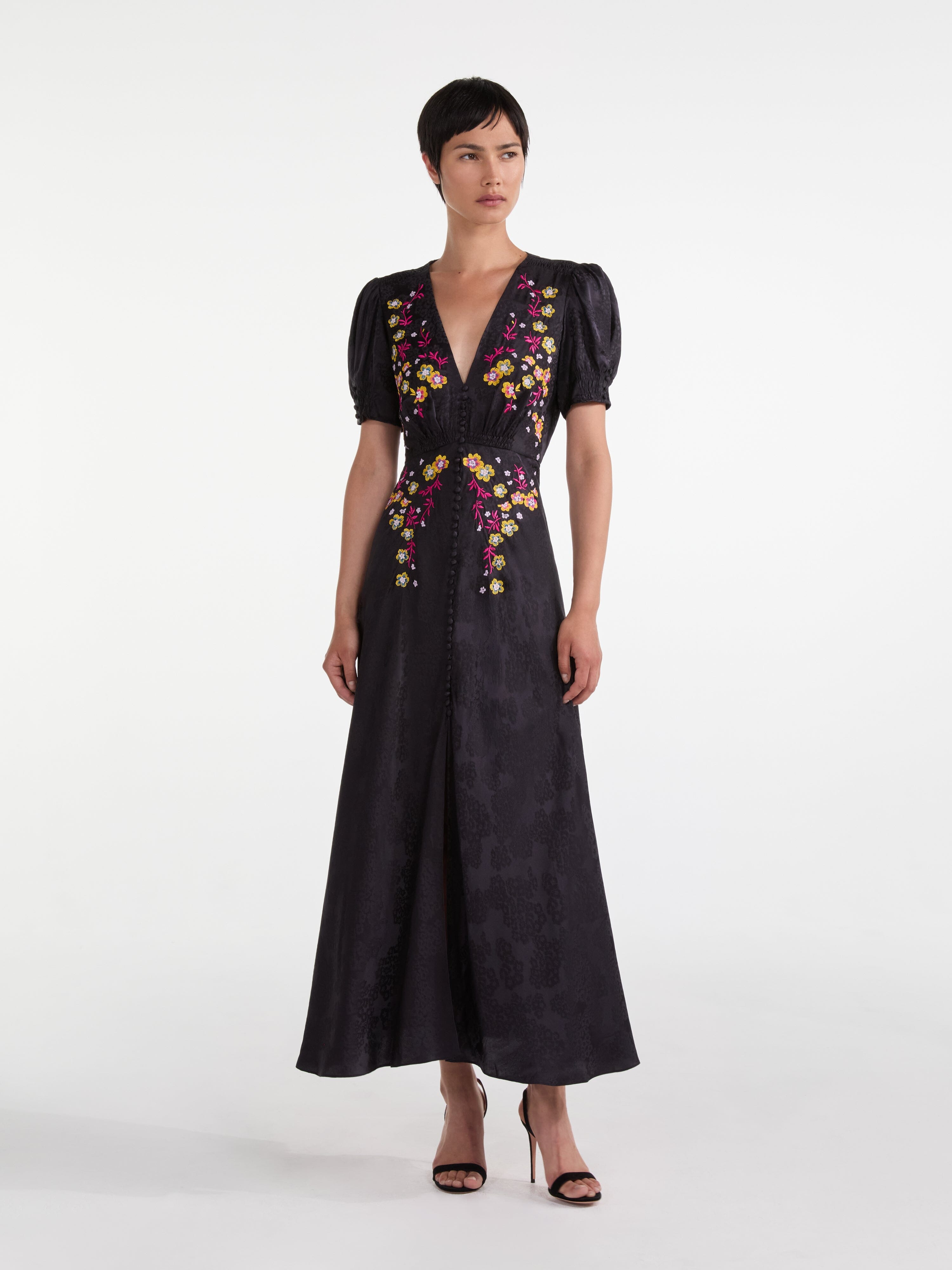 Lea Long Dress in Black Bright Flowers Embroidery – SALONI