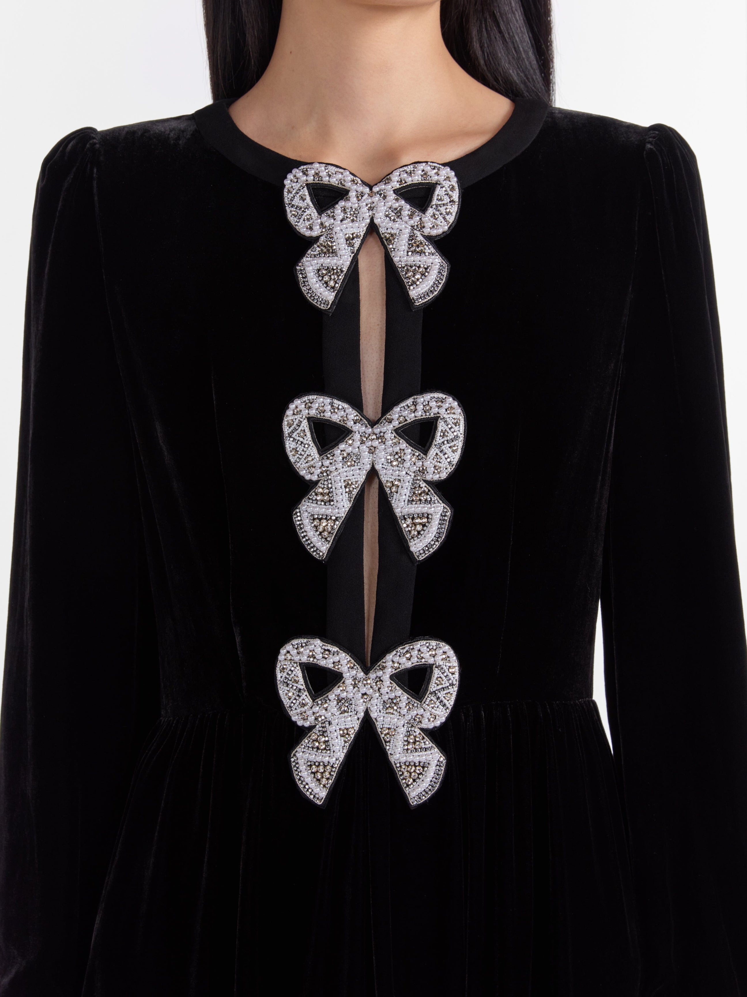 Camille Velvet Embellished Bows Long Dress in Black – SALONI