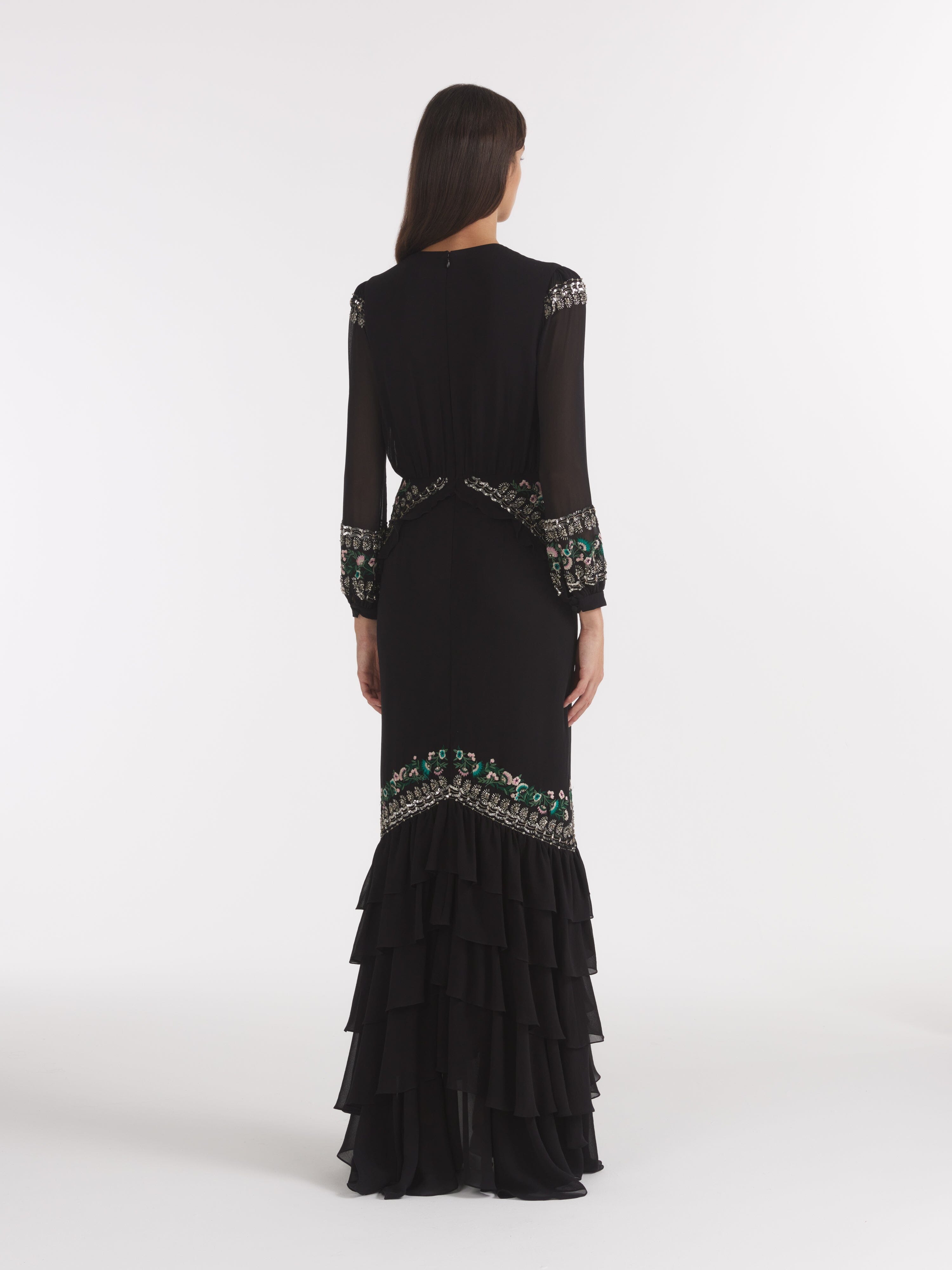 Isa Long C Dress Black Botanic Embroidery – SALONI