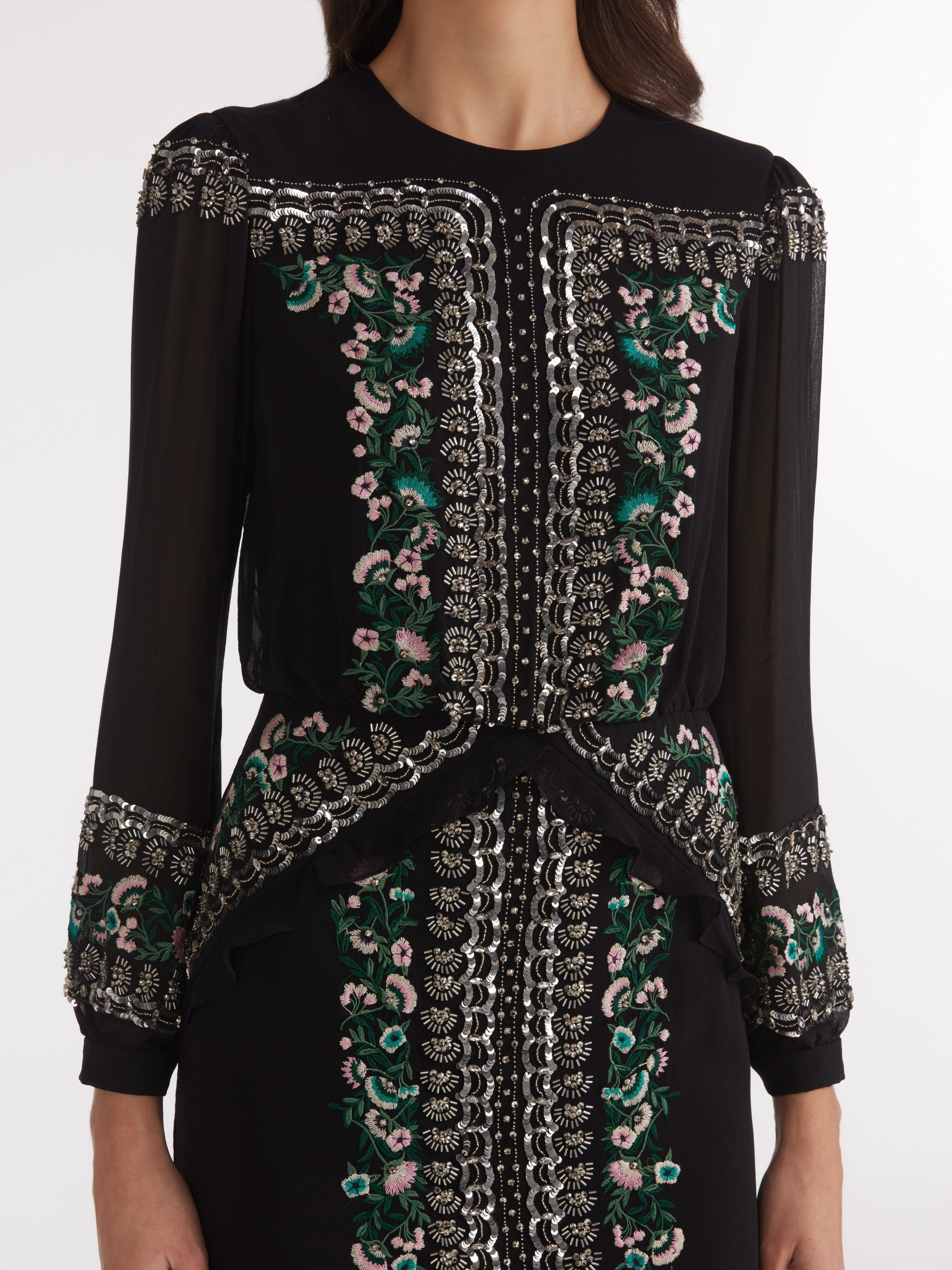 Isa Long C Dress Black Botanic Embroidery – SALONI