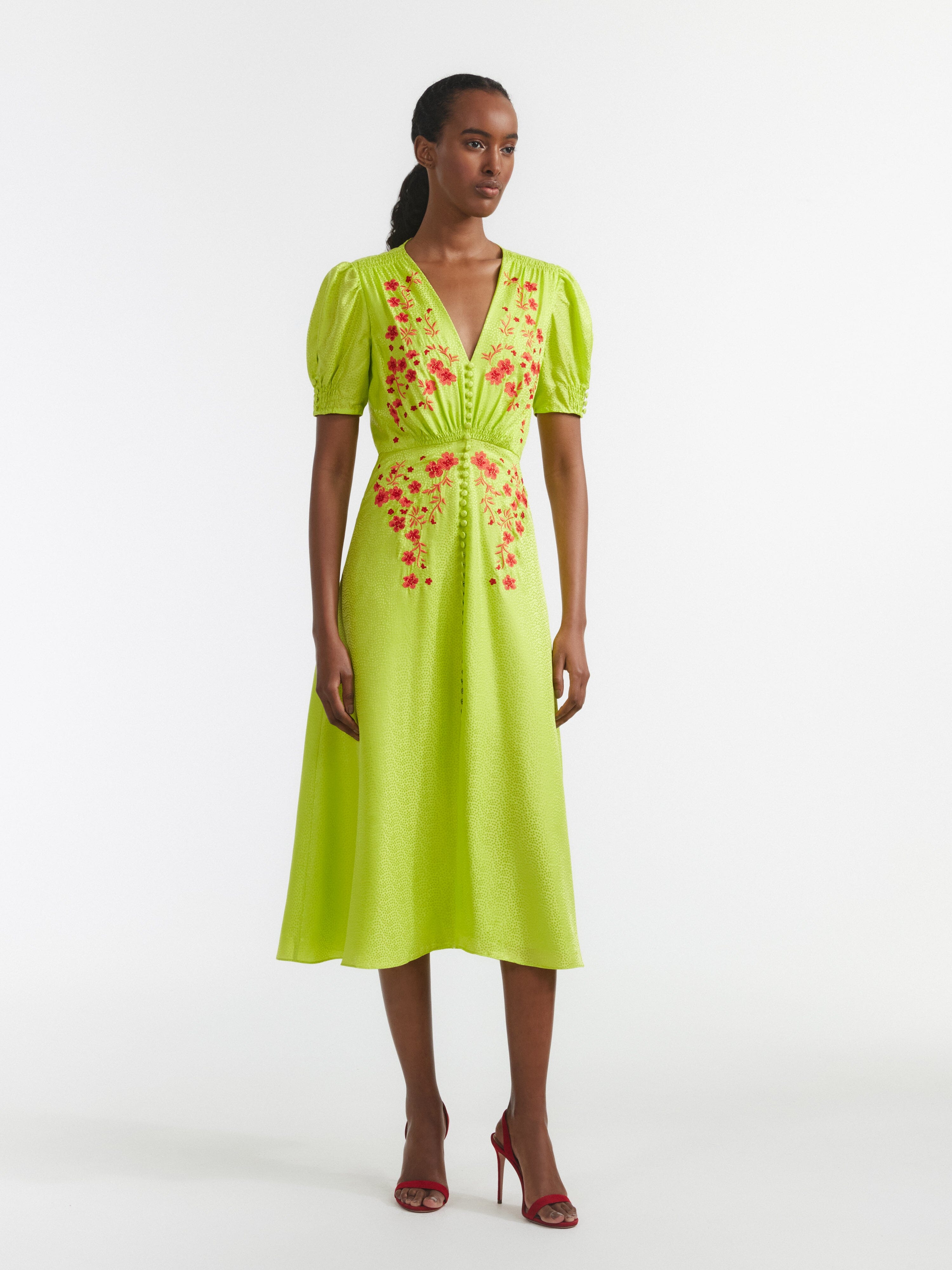 Lea Dress in Lime Coral Embroidery – SALONI